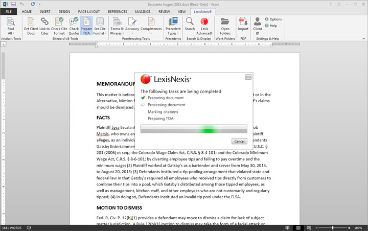 Table of Authorities Creation with Lexis® for Microsoft Office®