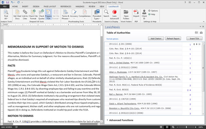 Table of Authorities Creation with Lexis® for Microsoft Office®