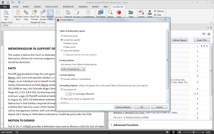 Table of Authorities Creation with Lexis® for Microsoft Office®